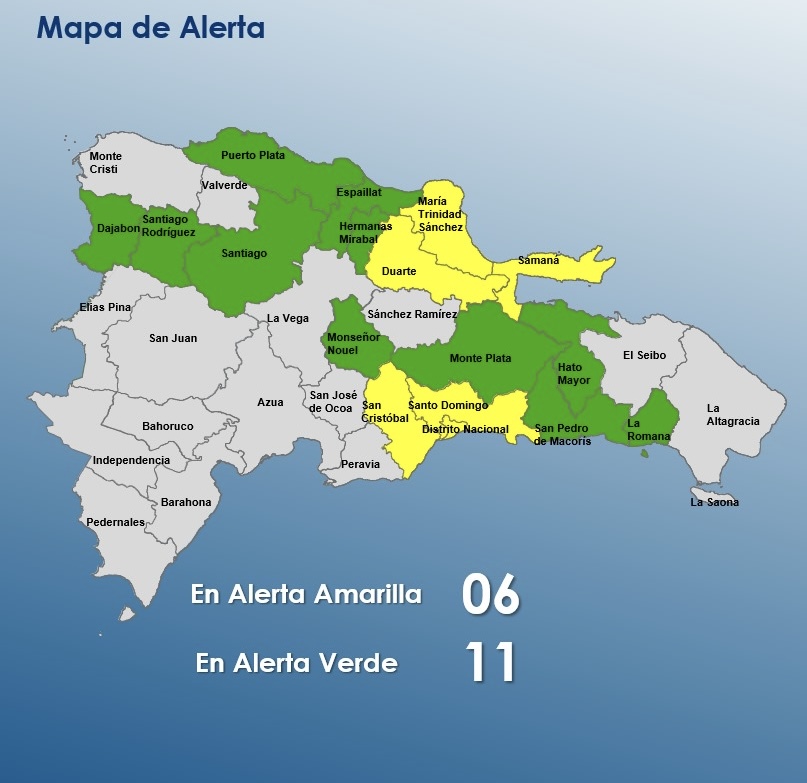 El COE aumenta a alerta amarilla en 5 provincias y el Distrito Nacional, y coloca 11 en alerta ...